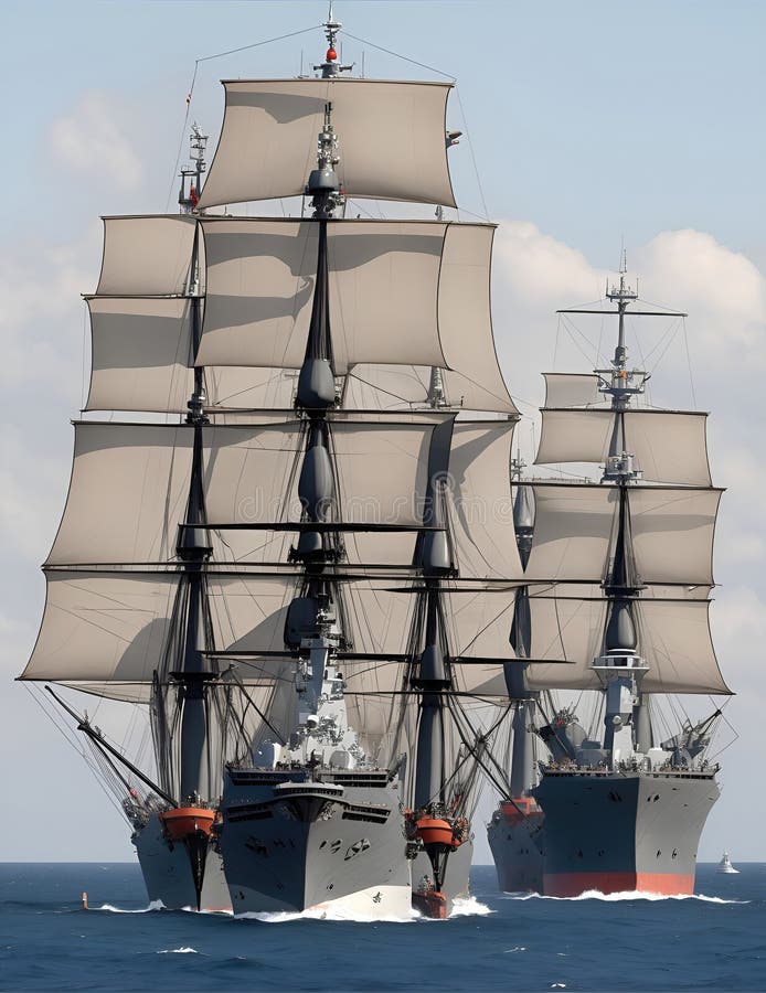 Sailing Old Flotilla, Warships Under Sail in the Ocean. Stock ...