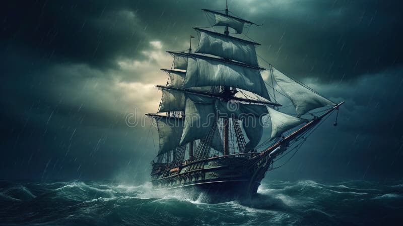 Sailing Old Ship in a Storm Sea AI Generated Image Stock Illustration - Illustration of black ...