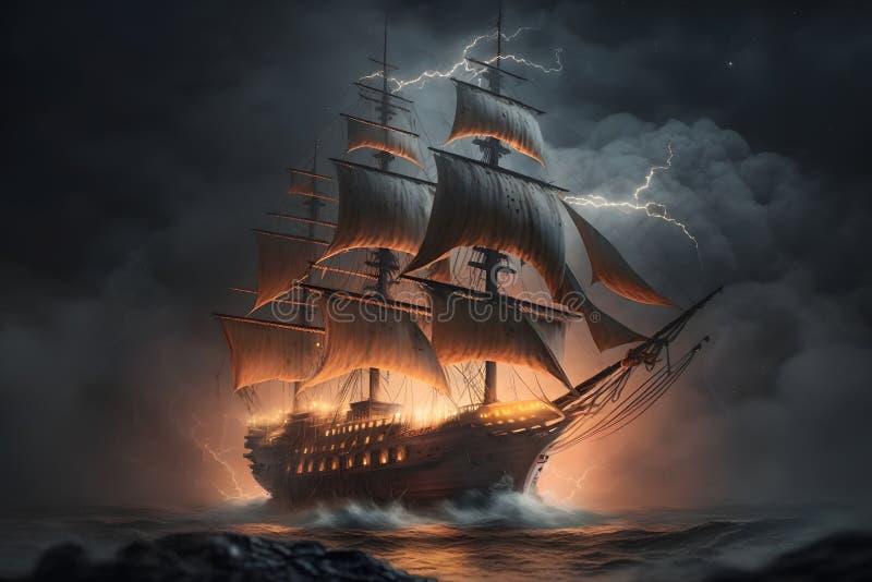 Sailing Old Ship in Storm Sea on the Background Clouds with Lightning ...