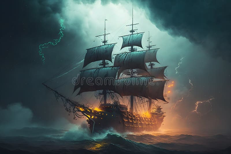 Sailing Old Ship in Storm Sea on the Background Clouds with Lightning ...