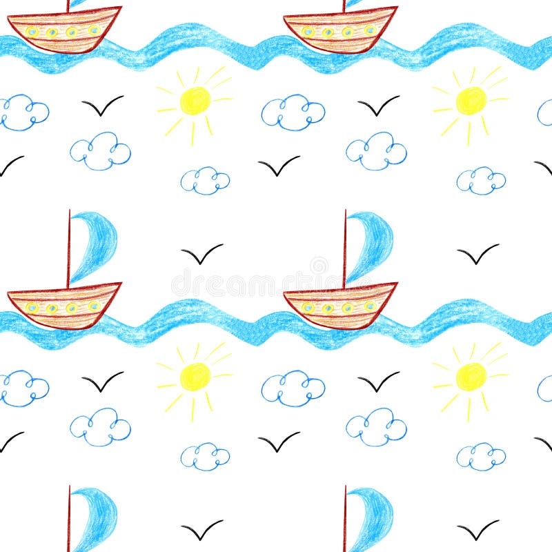 Sailing Pattern for Kids, with Hand Drawn Ships, Clouds, Waves and Sun ...