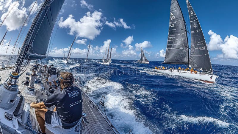 Sailing Race, Crew at Helm, Open Ocean, Competitors Visible Stock ...