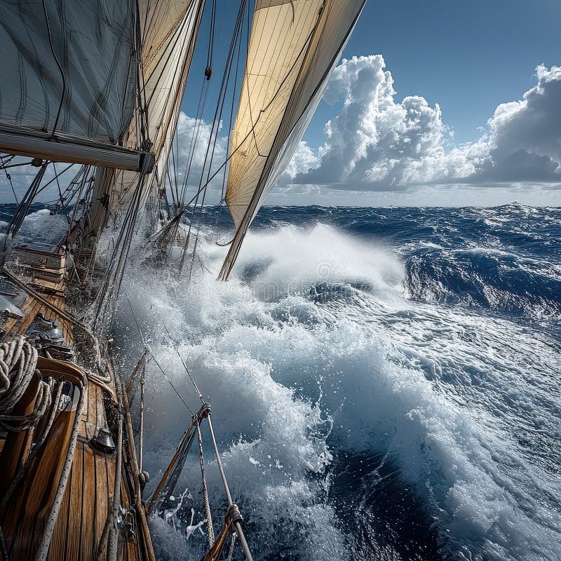 Sailing through Rough Seas on a Classic Tall Ship Under Clouds Stock ...