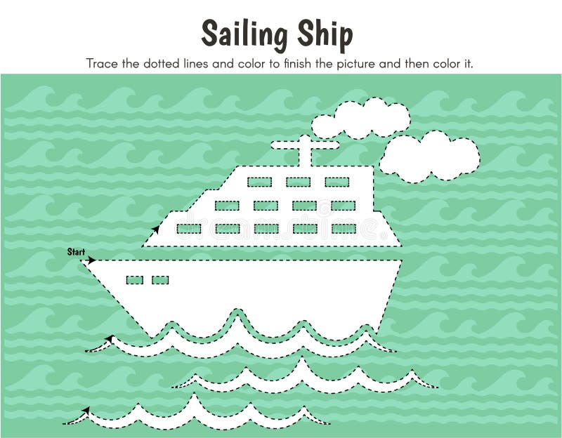 Kindergarten Sailing Ship Tracing Worksheet Stock Vector - Illustration ...
