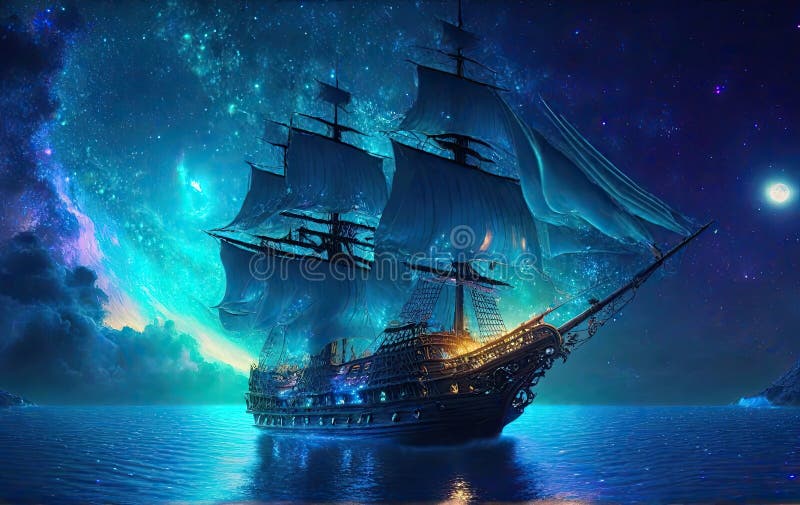 Sailing Ship Against the Backdrop of a Beautiful Starry Sky Stock ...