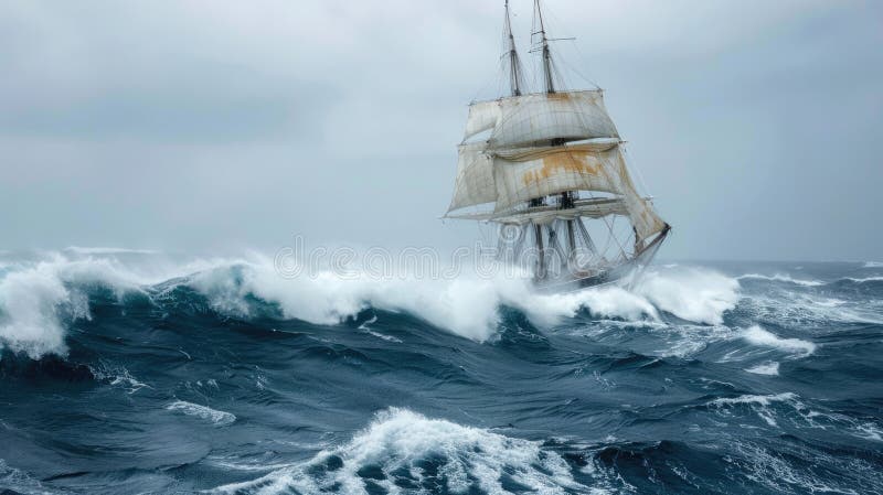 Sailing Ship Against the Backdrop of Waves and Wind Stock Image - Image ...