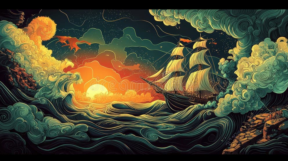 Sailing Ship Amid Waves Vivid Sunset Background Stock Illustration ...
