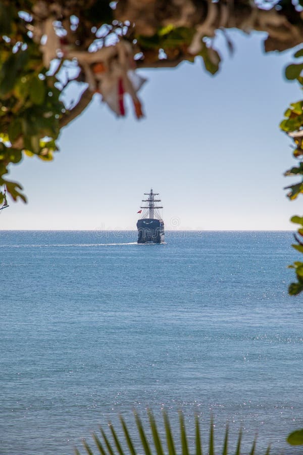 Sailing Ship Anchors in the Port of Side in Fine Weather Stock Image ...