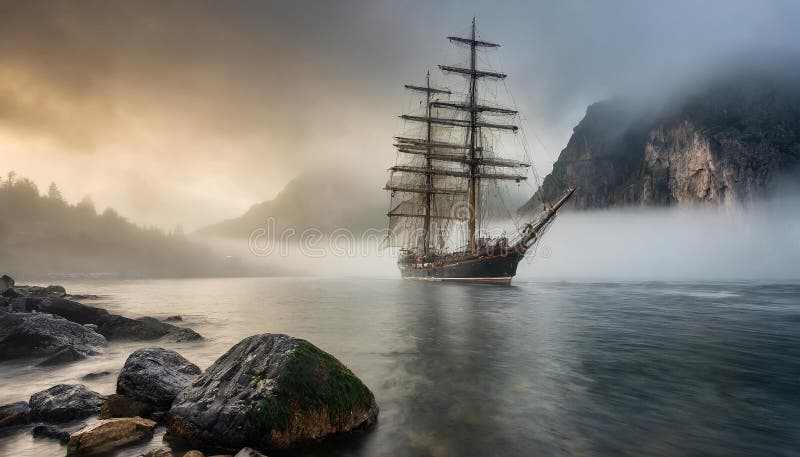 Sailing Ship Approach in Front in Mist Amidst Rocks Stock Illustration ...
