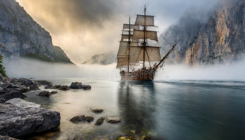 Sailing Ship Approach in Front in Mist Amidst Rocks Stock Illustration ...