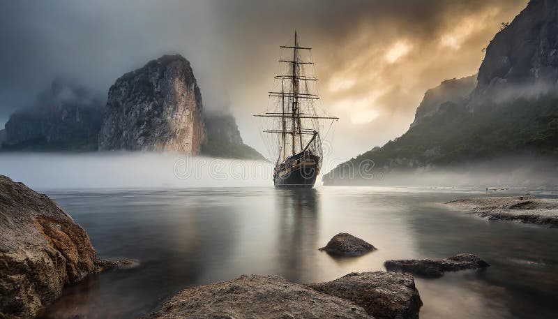 Sailing Ship Approach in Front in Mist Amidst Rocks Stock Illustration ...