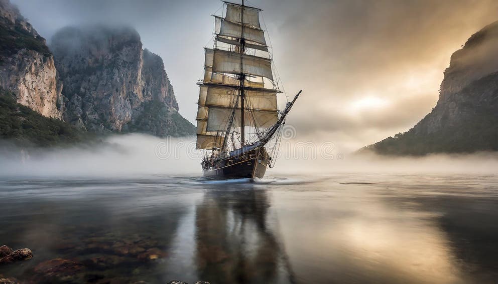 Sailing Ship Approach in Front in Mist Amidst Rocks Stock Illustration ...