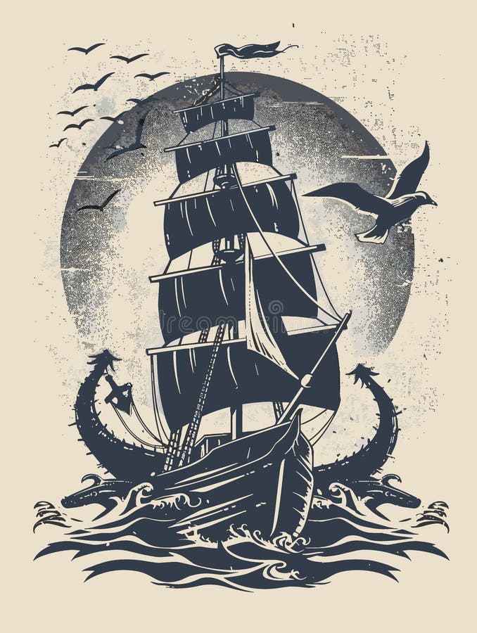 Sailing Ship on the Background of the Moon. Vector Illustration. for ...