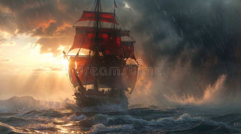 A Sailing Ship Battles Stormy Seas Under a Dramatic Sky, with Rain and ...