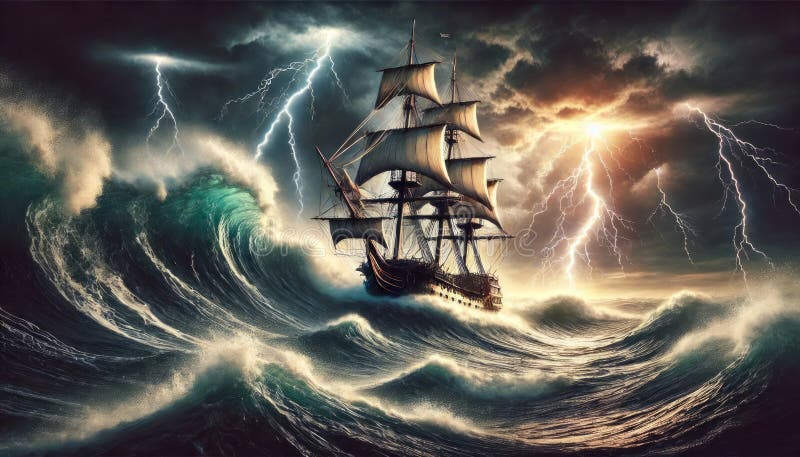 Sailing Ship Battling a Massive Wave during a Storm with Lightning and ...