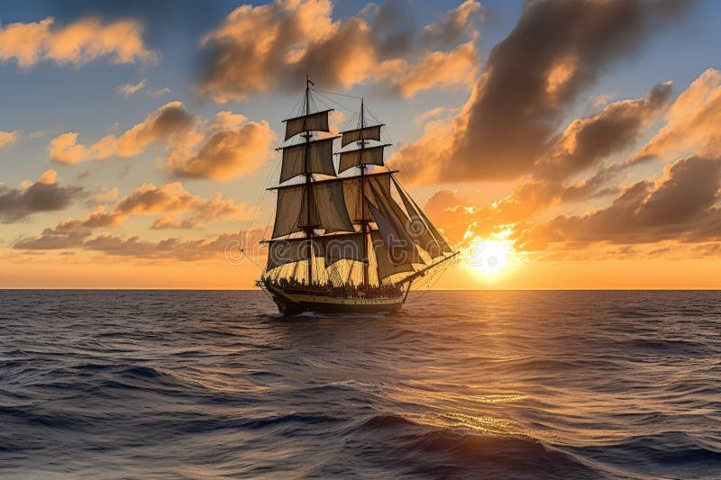 Sailing Ship, with Billowing Sails and Sunset, on Journey Across the ...