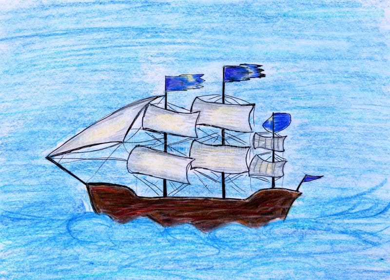 Sailing ship in blue sea stock photo. Image of handdrawn - 340699548