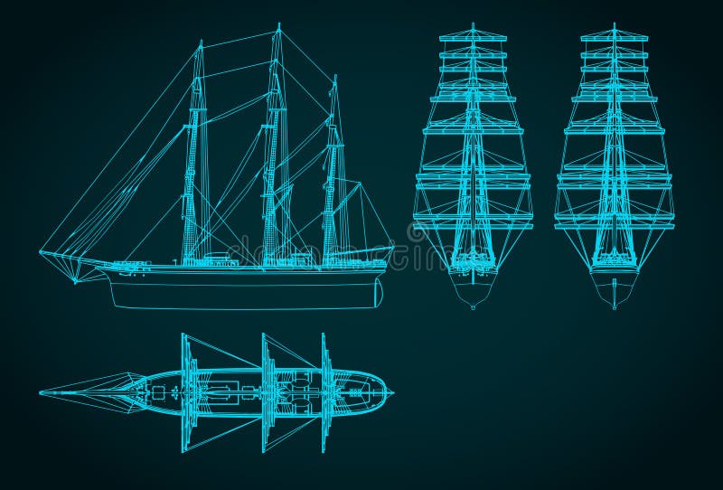 Sailing ship blueprints stock vector. Illustration of rigging - 342729092