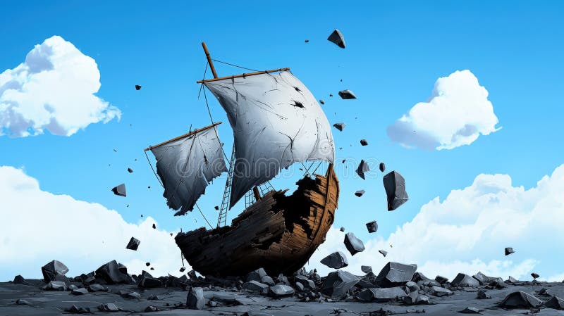 Sailing Ship Breaking Apart Dramatic Sky Vibrant Colors Surreal Scene ...