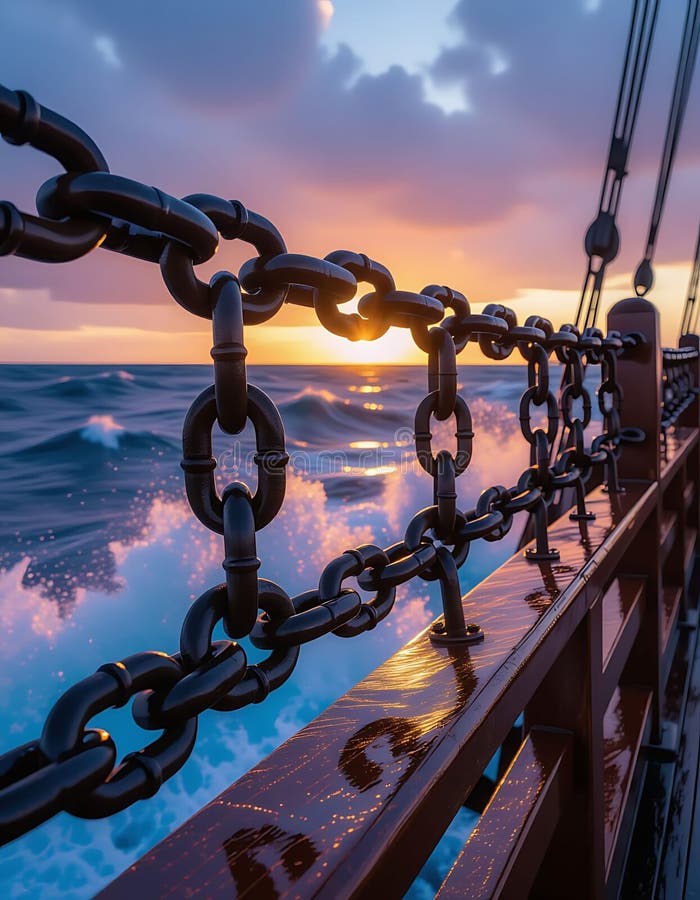 Sailing Ship Chain Railing Against Stormy Sunset Ocean Ai Generated ...