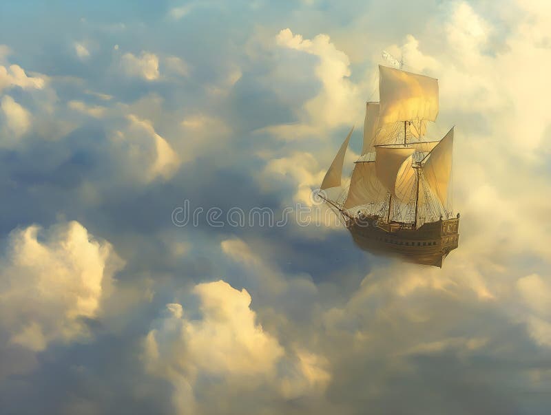 Sailing Ship in Clouds, Ethereal Landscape, Peaceful Scene Stock ...