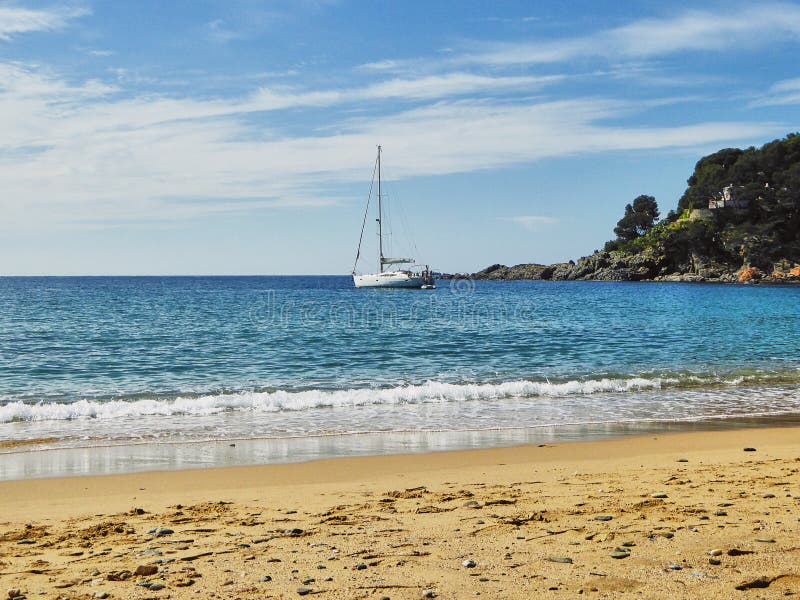 Sailing Ship at the Costa Brava Stock Image - Image of beach, costa ...