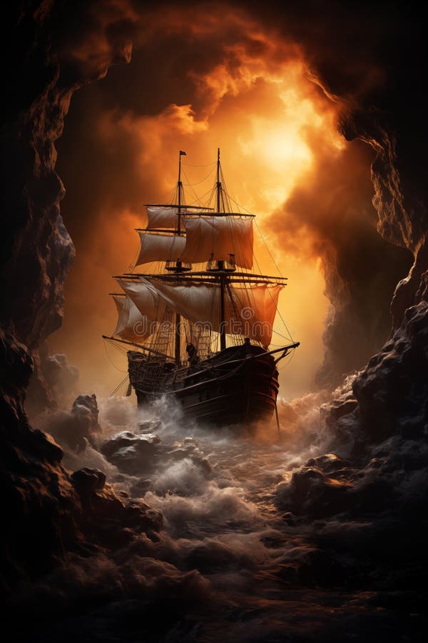 Sailing Ship in the Dark with Smoke and Fire. 3d Illustration. Stock ...