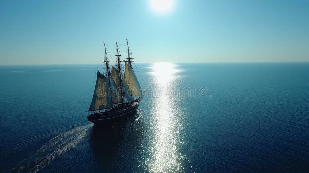 A Sailing Ship at Dawn Sails Far Out into the Ocean. Stock Illustration ...