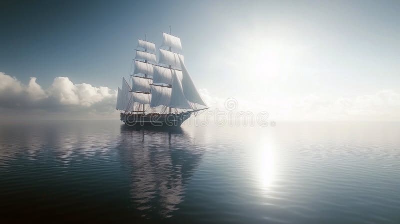 A Sailing Ship at Dawn Sails Far Out into the Ocean. Stock Illustration ...