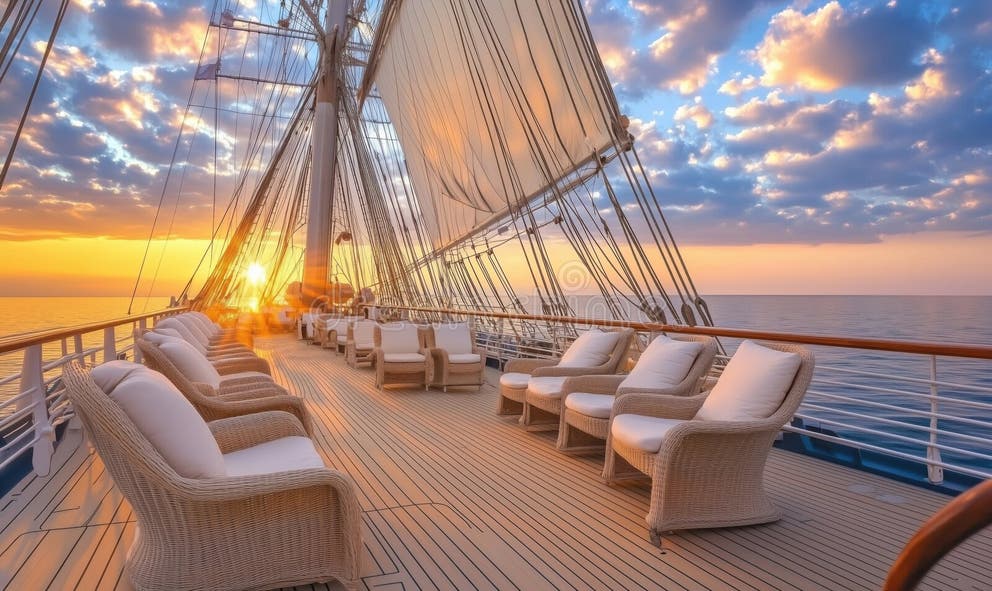 Sailing Ship Deck at Sunset with Comfortable Seating, Beautiful Ocean ...