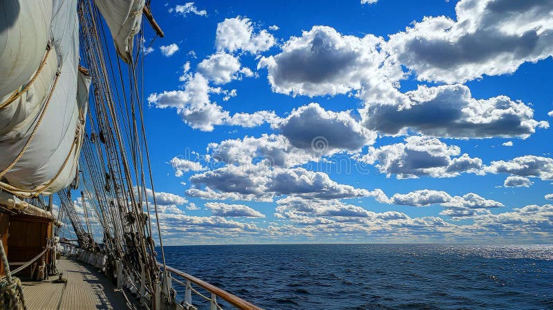 Sailing Ship Deck View, Blue Sky, Puffy Clouds, Ocean Horizon Stock ...
