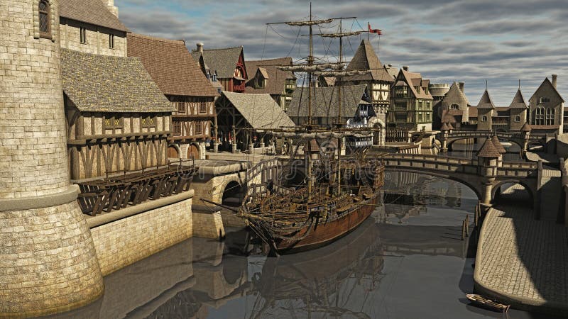 Sailing ship at the Docks stock illustration. Illustration of ancient ...