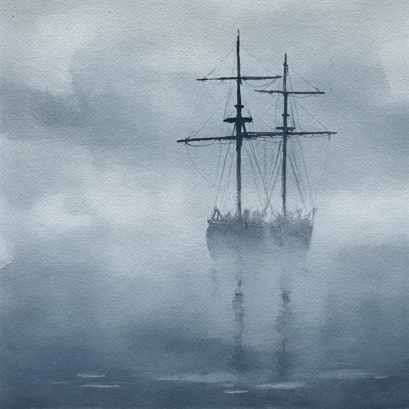 Sailing Ship Emerging through Ocean Fog Stock Illustration ...