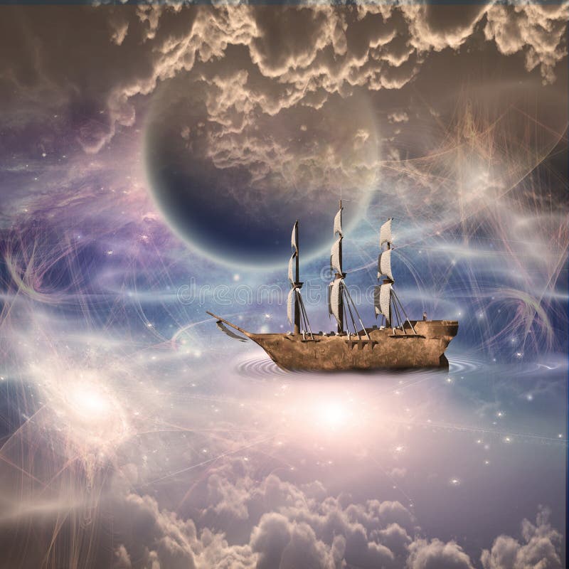 Sailing Ship in Fantastic Scene Stock Illustration - Illustration of ...