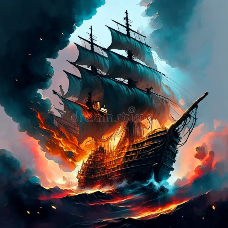 Sailing Ship in the Fire. 3D Illustration. 3D Rendering Stock ...