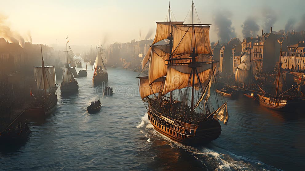 Fleet Navigating Misty Harbor Sunrise Stock Illustrations – 2 Fleet ...