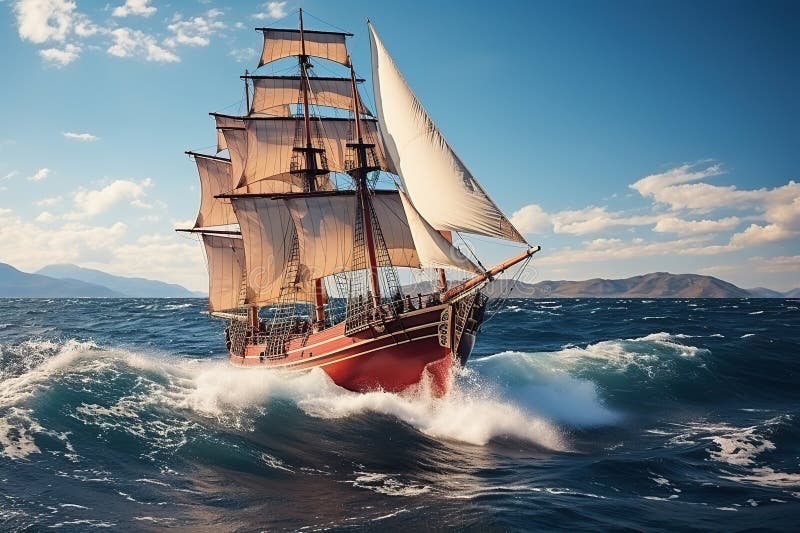 Sailing Ship Floating on the Sea Waves, Columbus Day. AI Generated ...