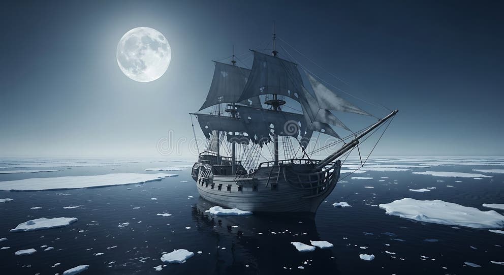 A Sailing Ship with Full Sails is Navigating through Icy Waters Under a ...