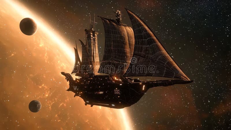 Sailing Ship in Futuristic Space Environment with Planets and Stars ...