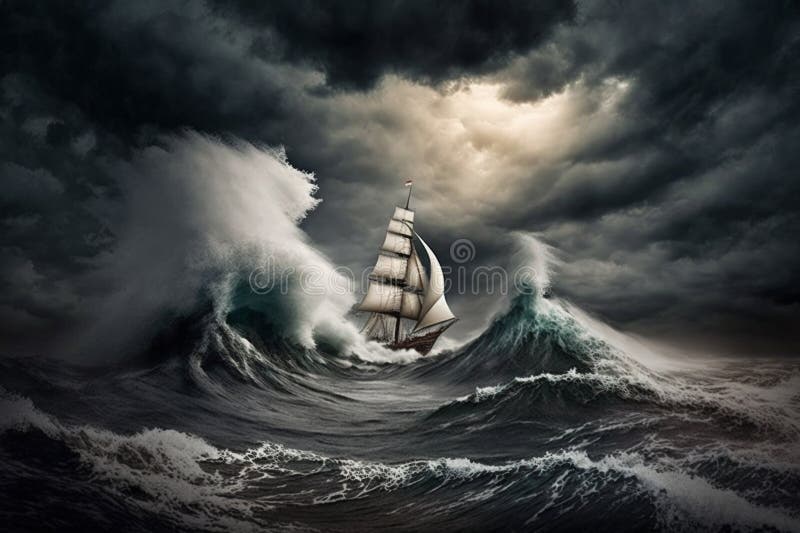 Sailing Ship in a Giant Storm with Crashing Waves. Sailing Boat Inside ...