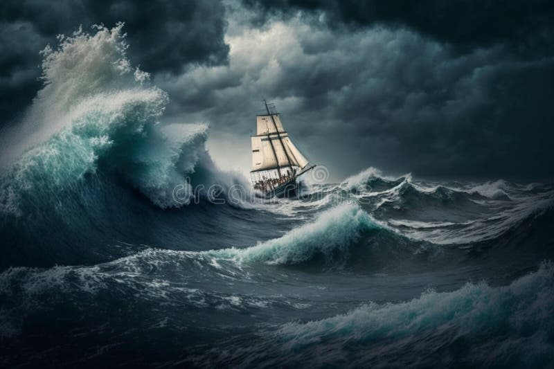 Sailing Ship in a Giant Storm with Crashing Waves. Sailing Boat Inside ...