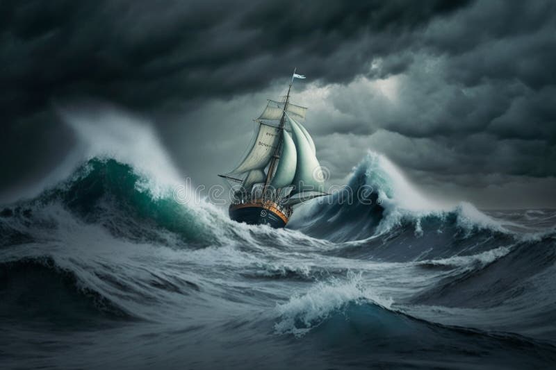 Sailing Ship in a Giant Storm with Crashing Waves. Sailing Boat Inside ...