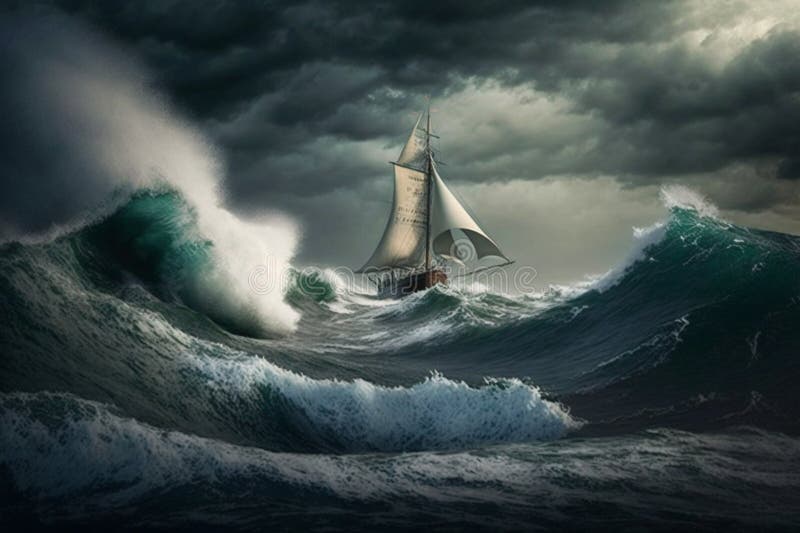 Sailing Ship in a Giant Storm with Crashing Waves. Sailing Boat Inside ...