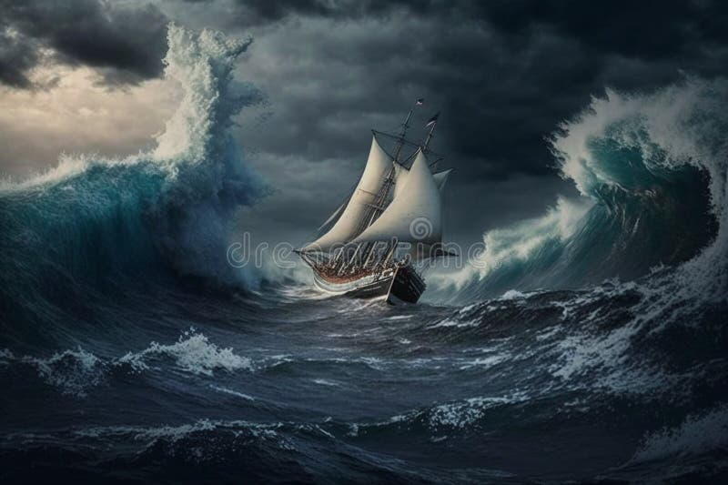 Sailing Ship in a Giant Storm with Crashing Waves. Sailing Boat Inside ...