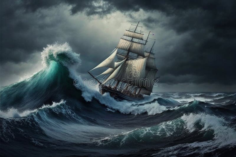 Sailing Ship in a Giant Storm with Crashing Waves. Sailing Boat Inside ...