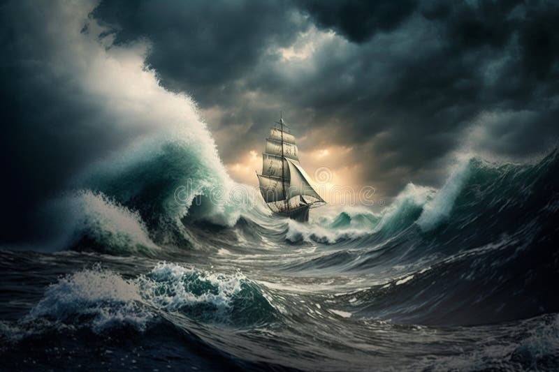 Sailing Ship in a Giant Storm with Crashing Waves. Sailing Boat Inside ...
