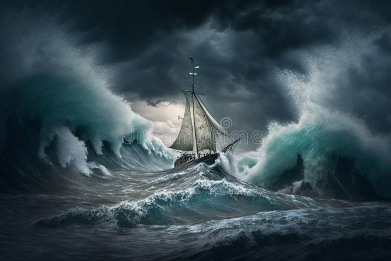 Sailing Ship in a Giant Storm with Crashing Waves. Sailing Boat Inside ...