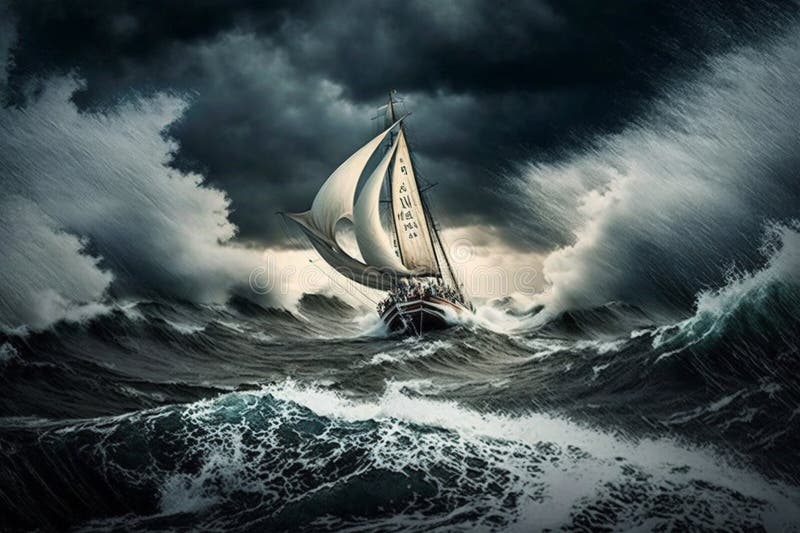Sailing Ship in a Giant Storm with Crashing Waves. Sailing Boat Inside ...