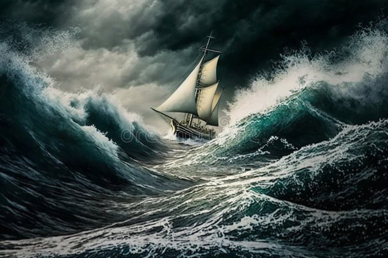 Sailing Ship in a Giant Storm with Crashing Waves. Sailing Boat Inside ...