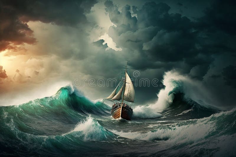 Sailing Ship in a Giant Storm with Crashing Waves. Sailing Boat Inside ...